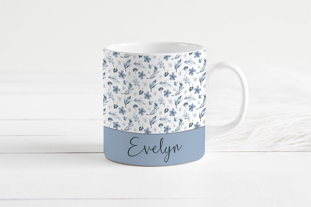 Blue Floral Personalised Mug, Blue Flower Custom Name Mug, Gift for Her ...