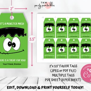 Halloween Party Favor Tags, Frankenstein Monster Mash Party Printables ...