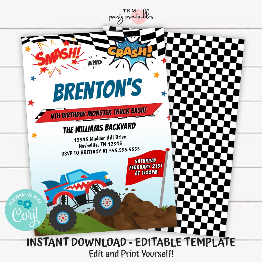 Monster Truck Birthday Invitation Editable Template, Monster Jam ...