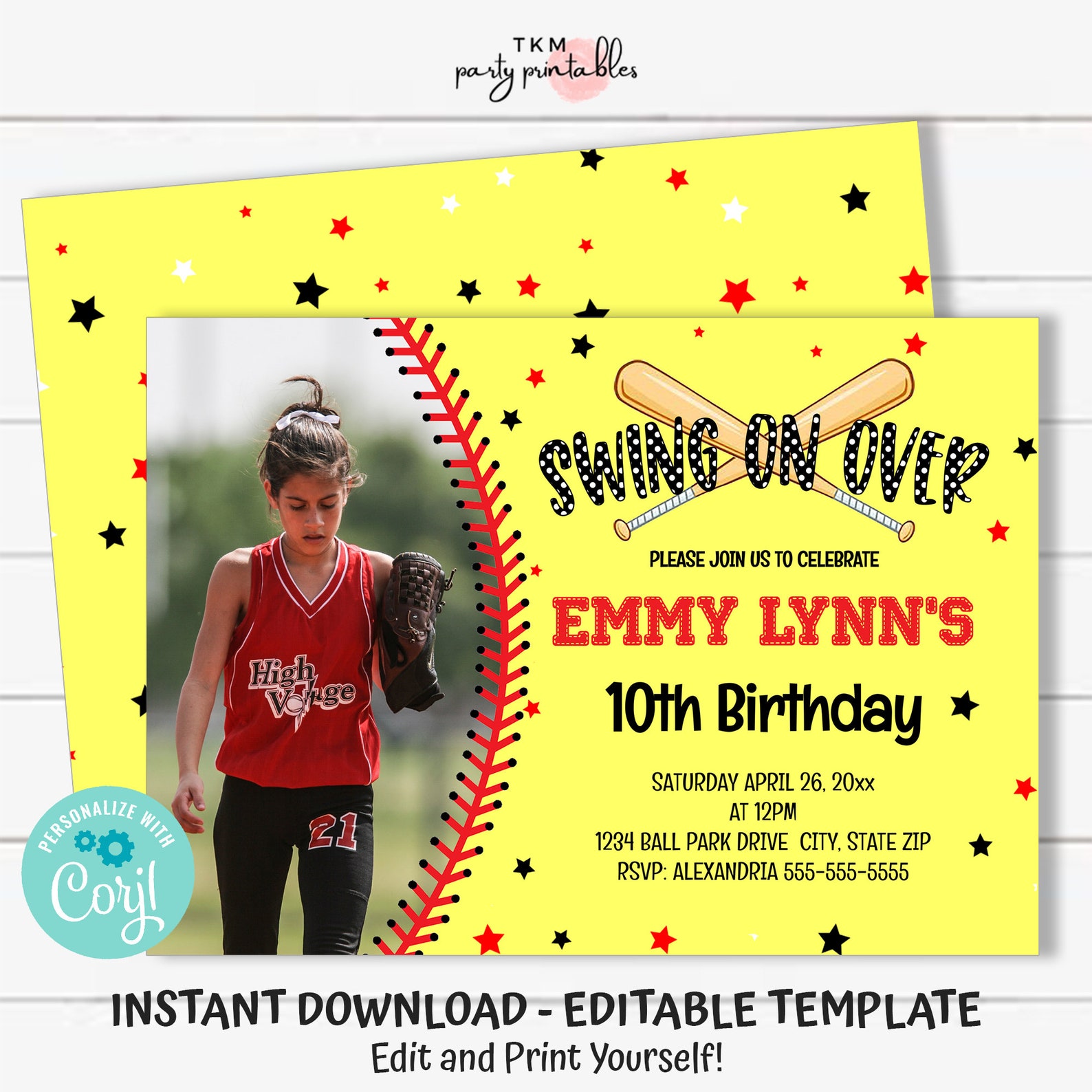 Softball Birthday Invitation Template Girls Softball Photo - Etsy