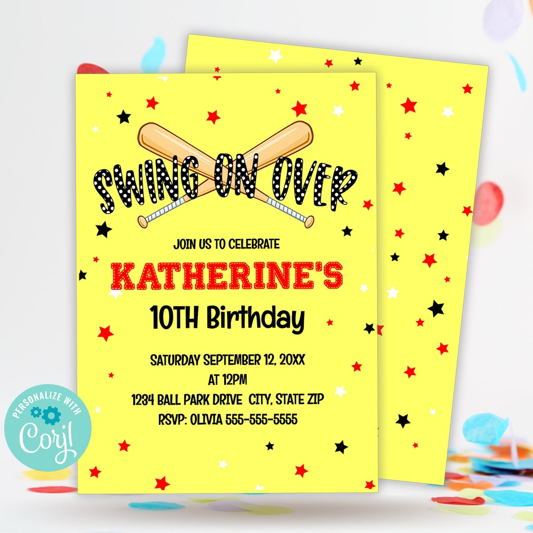Softball Birthday Invitation Template, Swing on Over Girls Softball ...