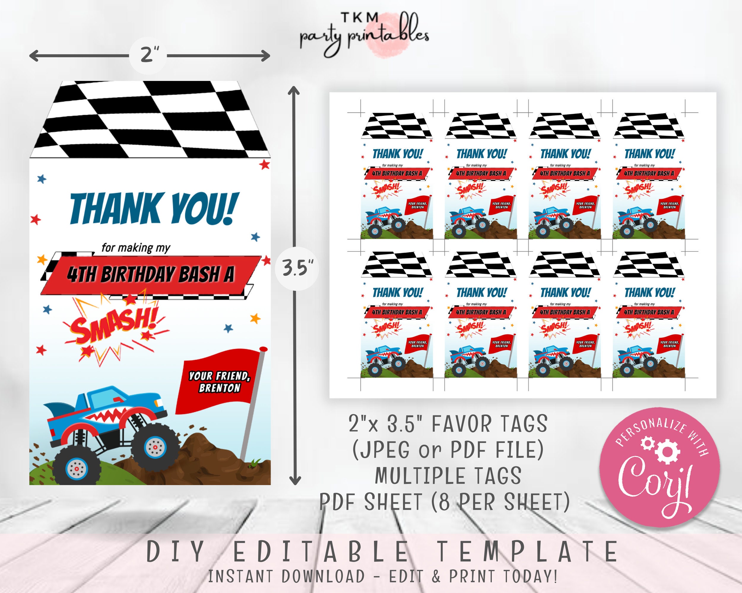 Monster Truck Birthday Party Thank You Tags Party Favor Tags - Etsy