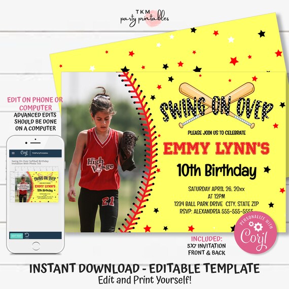 Softball Birthday Invitation Template Girls Softball Photo - Etsy