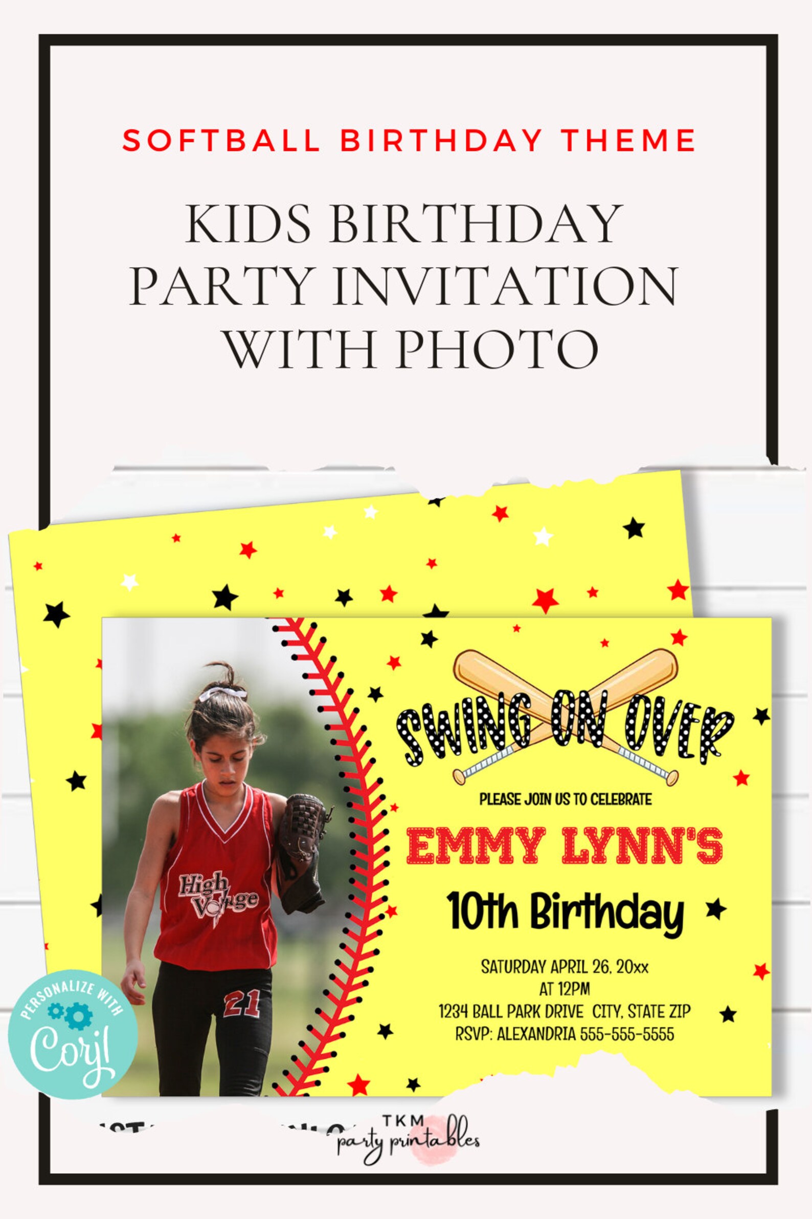 Softball Birthday Invitation Template, Girls Softball Photo Invite ...