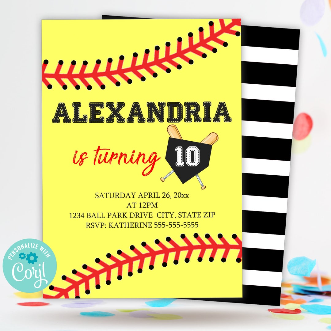 Softball Birthday Invitation Template, Girls Birthday Invite, Softball ...