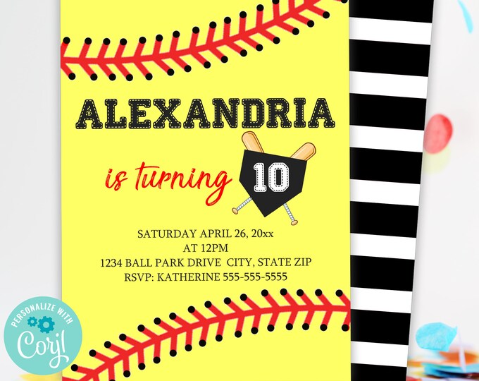 Softball Birthday Invitation, Pool Party, Editable Softball Team Party ...