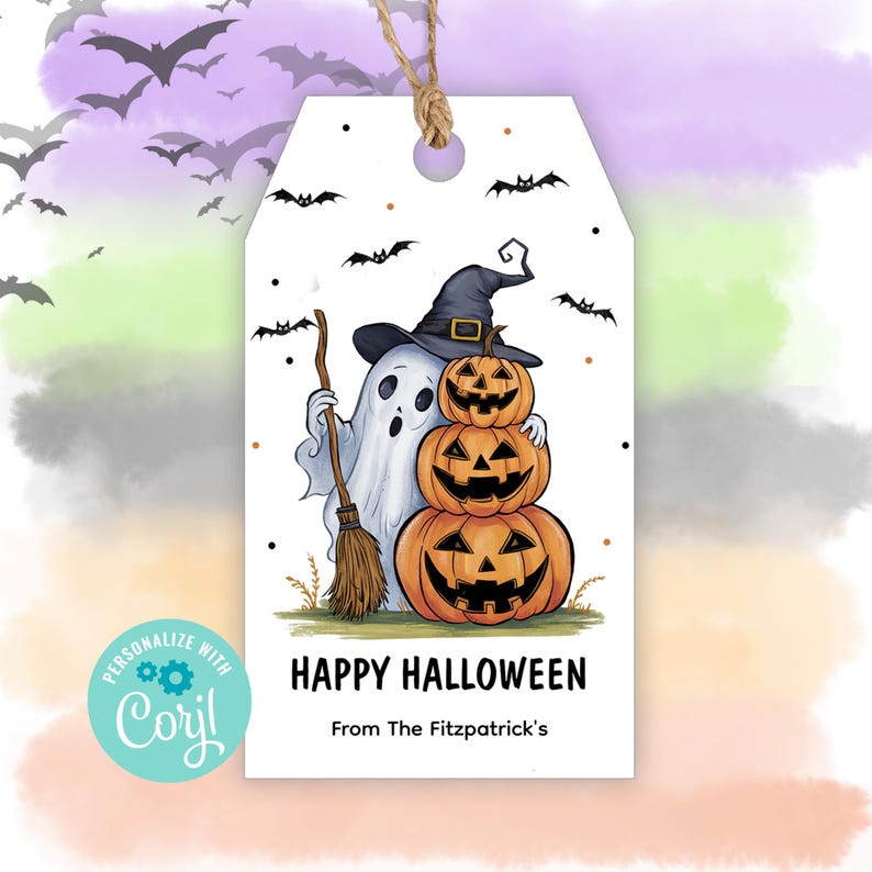 EDITABLE Halloween Favor Tag, Happy Halloween Cute Ghost and Pumpkin ...