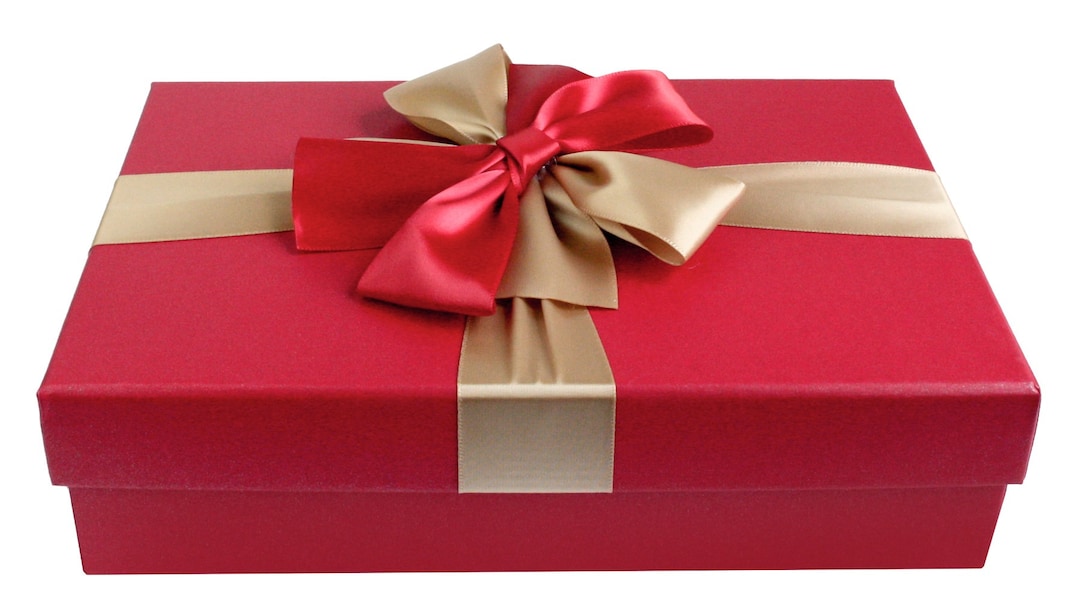 Red Box With Lid , Gold Red Satin Ribbon With Shredded Paper - Etsy