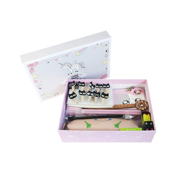 Cool Stationery Gift Set A6 Journal Pencil Case Eraser Sharpener Sticky Notes Gel Pens Ruler Wooden Pegs Padlock in Pink Unicorn Gift Box Etsy Ireland
