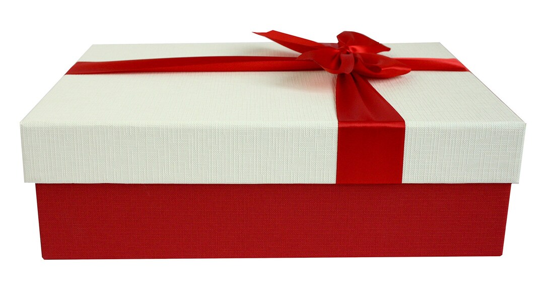 Textured Red Box With White Lid, Red Satin Decorative Ribbon With ...