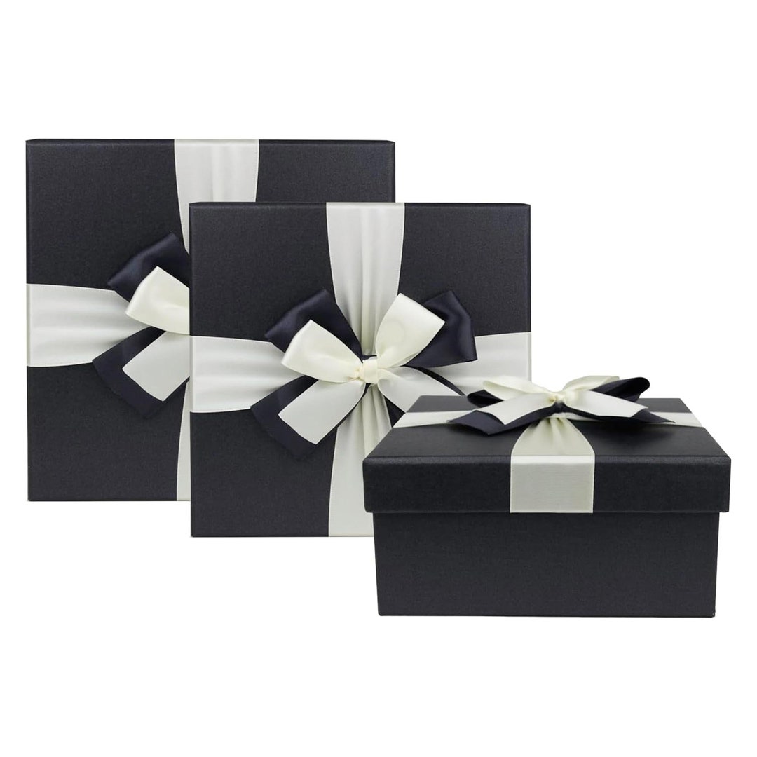 Set of 3 Square Rigid Gift Box With Lid, Brown Interior & Satin Ribbon ...