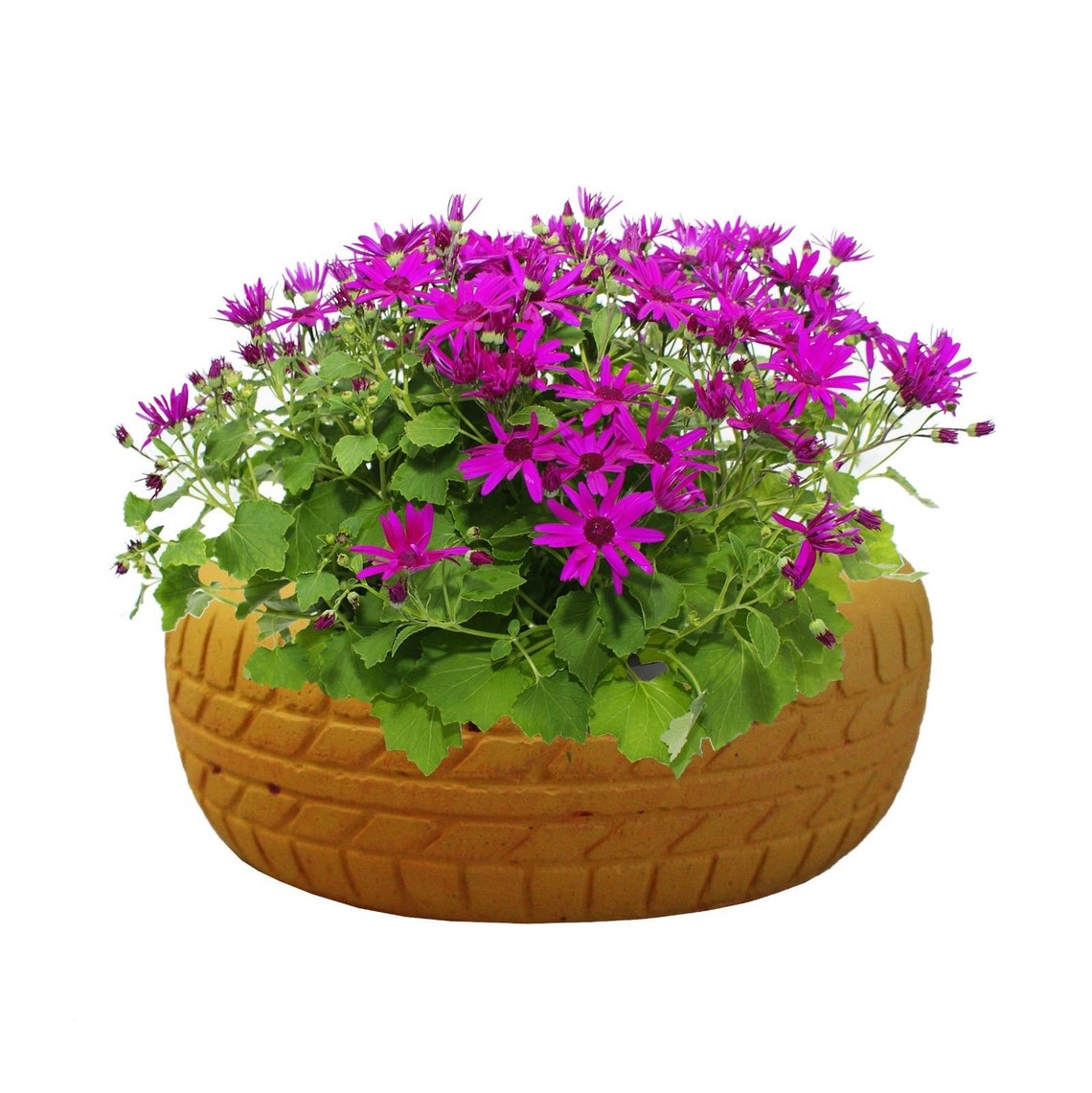 Set of 4 Modern Round Textured Cement Tyre Patterned Flower Pot Planter ...