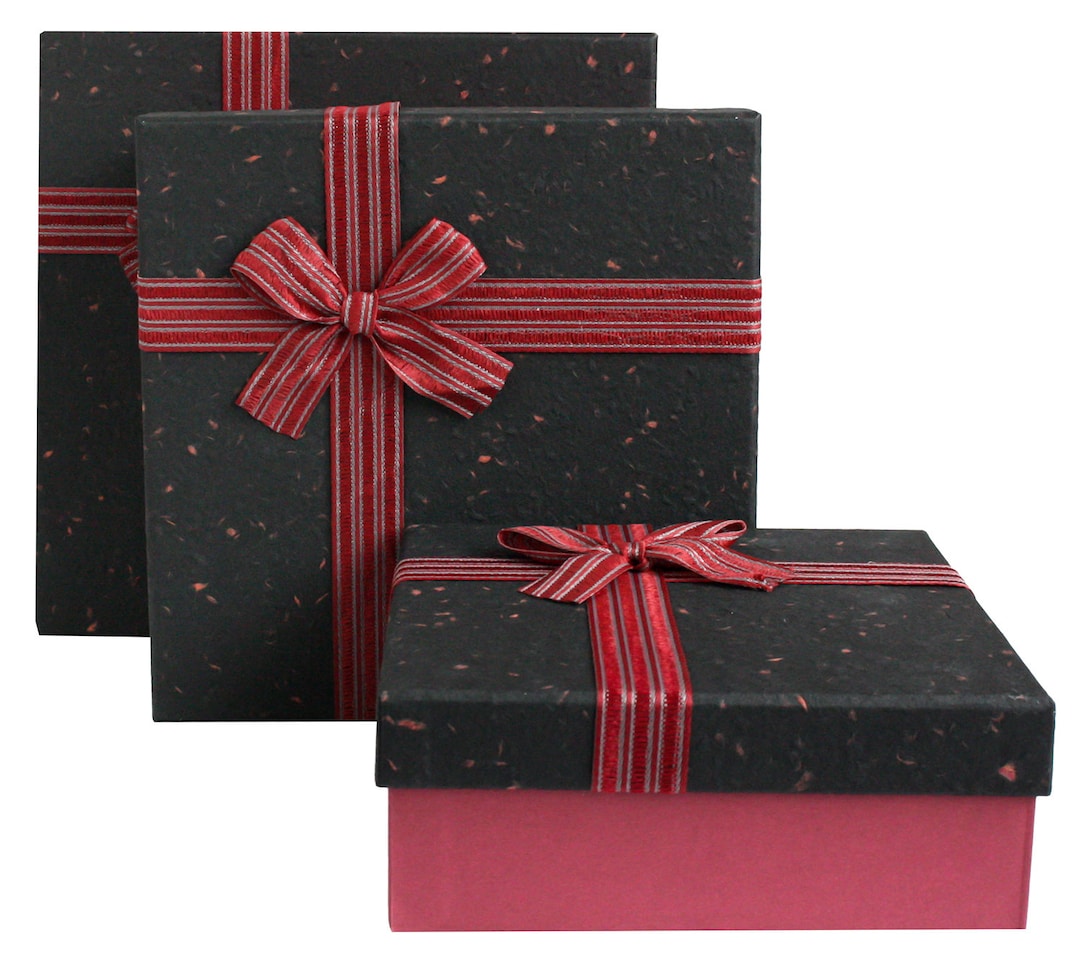 Set of 3 Rigid Gift Boxes, Textured Burgundy Box With Black Lid ...