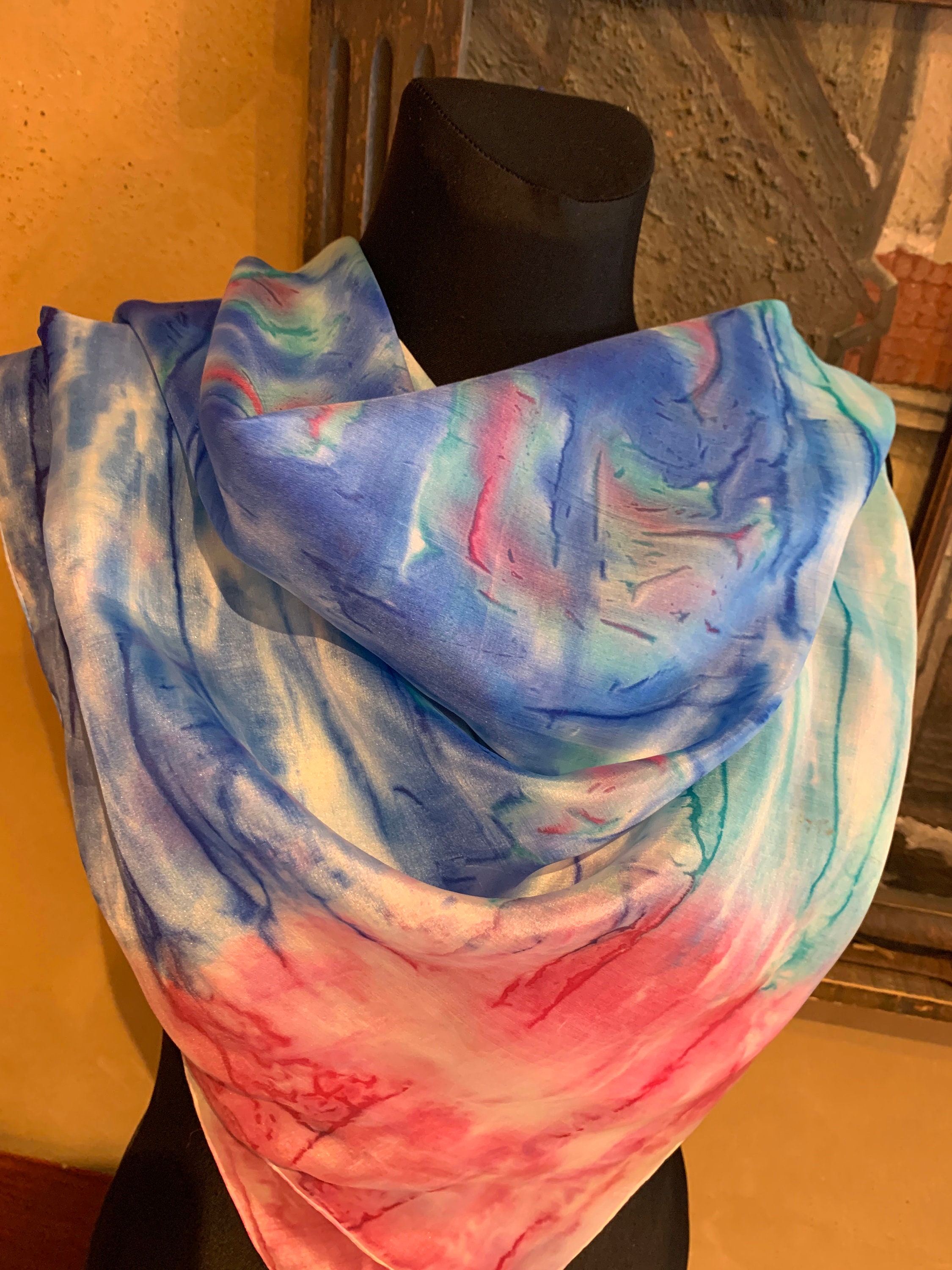 Square Silk Scarf Hand Painted Teal Blue Lavender Pink Scarf - Etsy