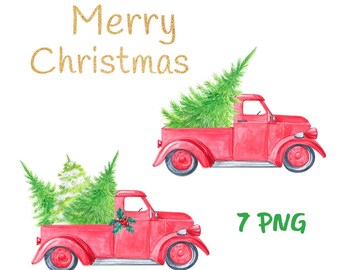 Watercolor Christmas Truck Vintage Red Pickup Pine Tree - Etsy