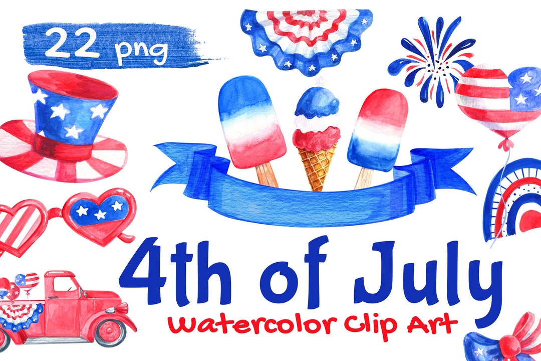 Watercolor Clipart, Handpainted 4th of July, Fourth of July ...