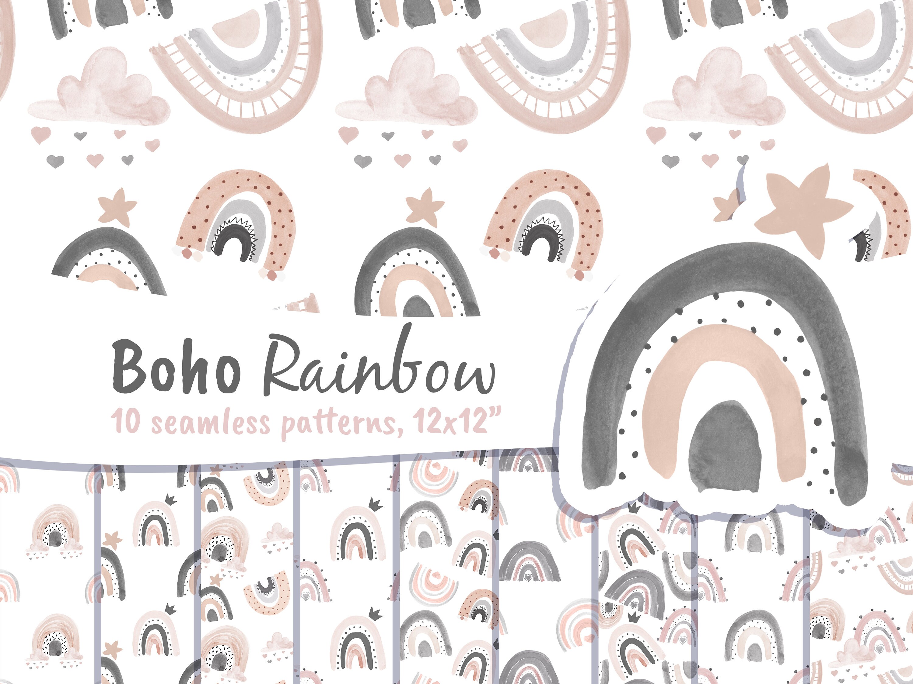 Boho Rainbow Digital Paper: Watercolor Seamless Patterns (digital ...