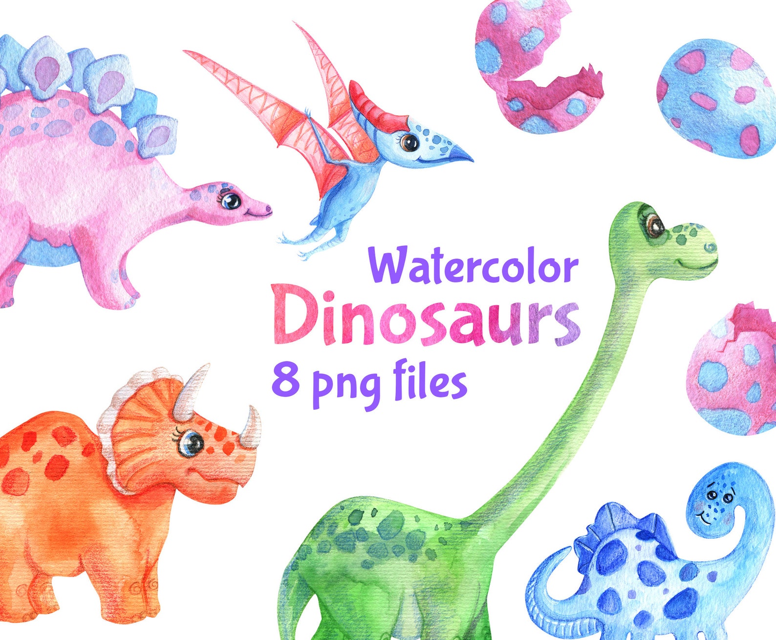 Watercolor Dinosaur Birthday Party Clipart Cute Dinosaurs - Etsy