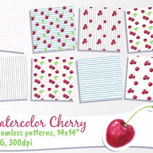 Cherry Digital Paper Watercolor Cherries Red Berries Fruits Summer ...