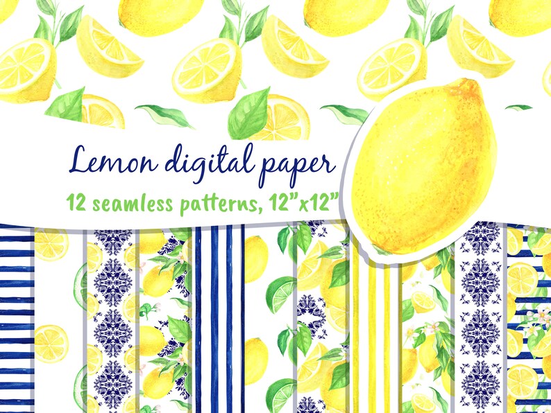 Lemon Digital Paper Watercolor Seamless Patterns Background | Etsy