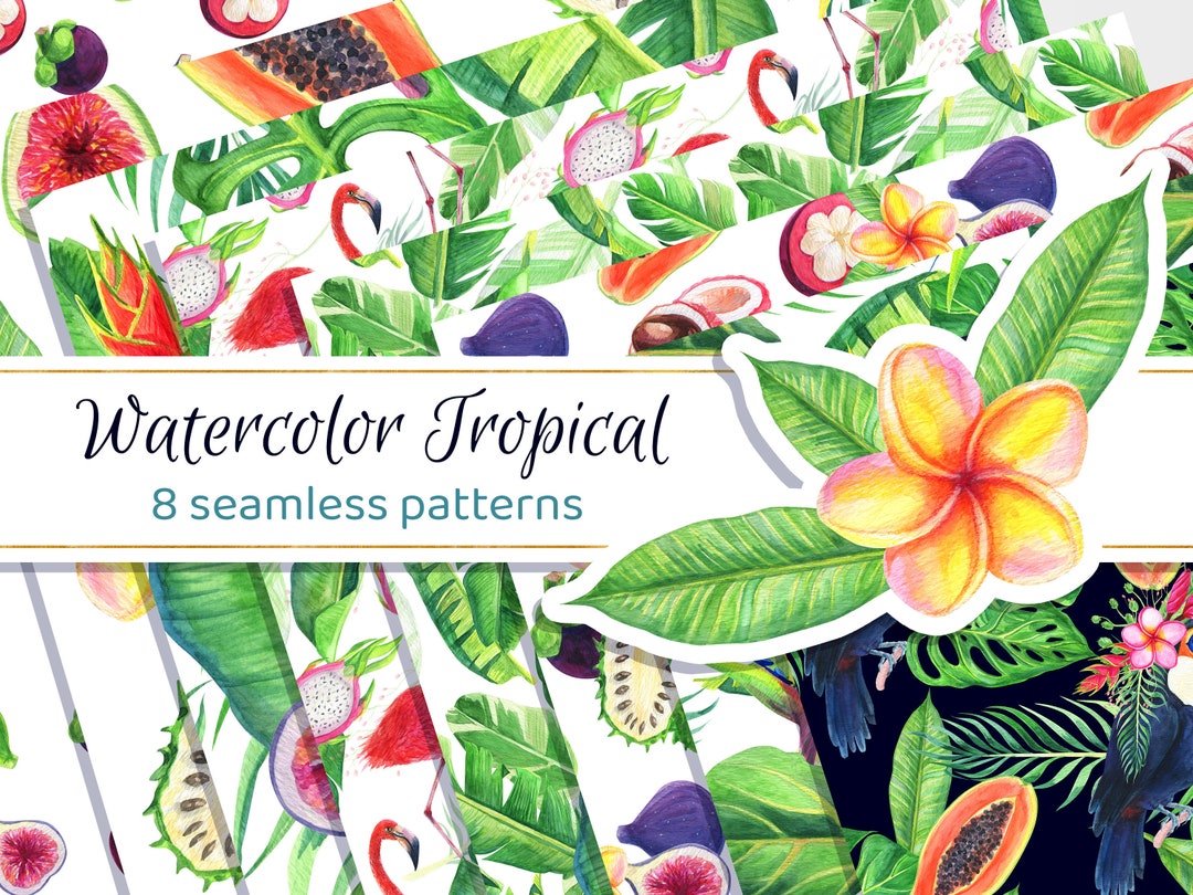 Watercolor Clipart Tropical Summer Hawaii Digital Paper Palm Leaf ...
