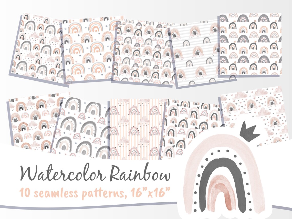 Modern Rainbow Watercolor Boho Digital Paper Set Clipart Jpg - Etsy