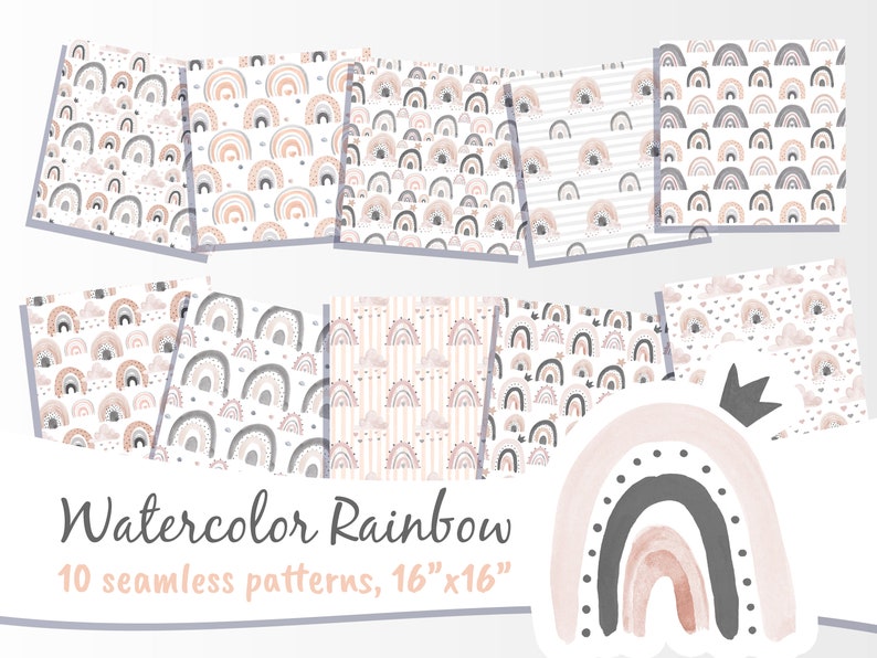 Modern Rainbow Watercolor Boho Digital Paper Set Clipart Jpg ...