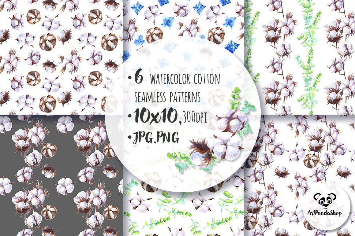 Seamless Pattern Watercolor Cotton Floral Digital Scrapbook Paper Pack ...