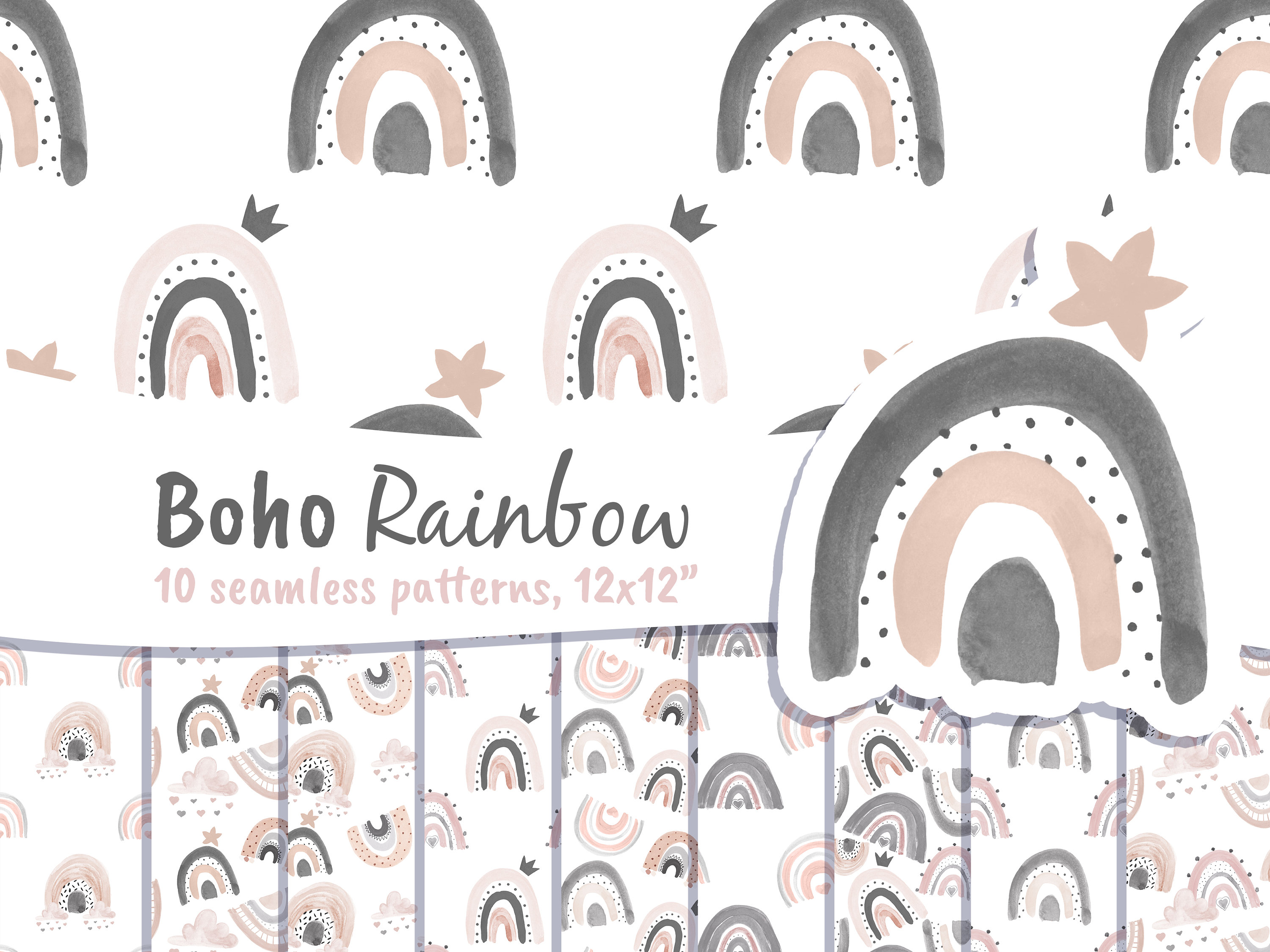 Boho Rainbow Digital Paper: Watercolor Seamless Patterns (digital ...