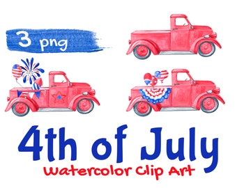 Handpainted Clipart, USA Independence Day, Vintage Red Truck, 4th of ...