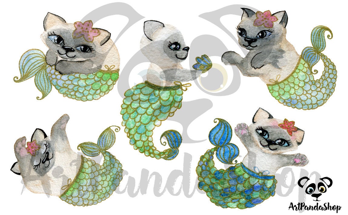 Cat Fish Cute Mermaid Cat Catfish Mercat Watercolor Cat Print - Etsy