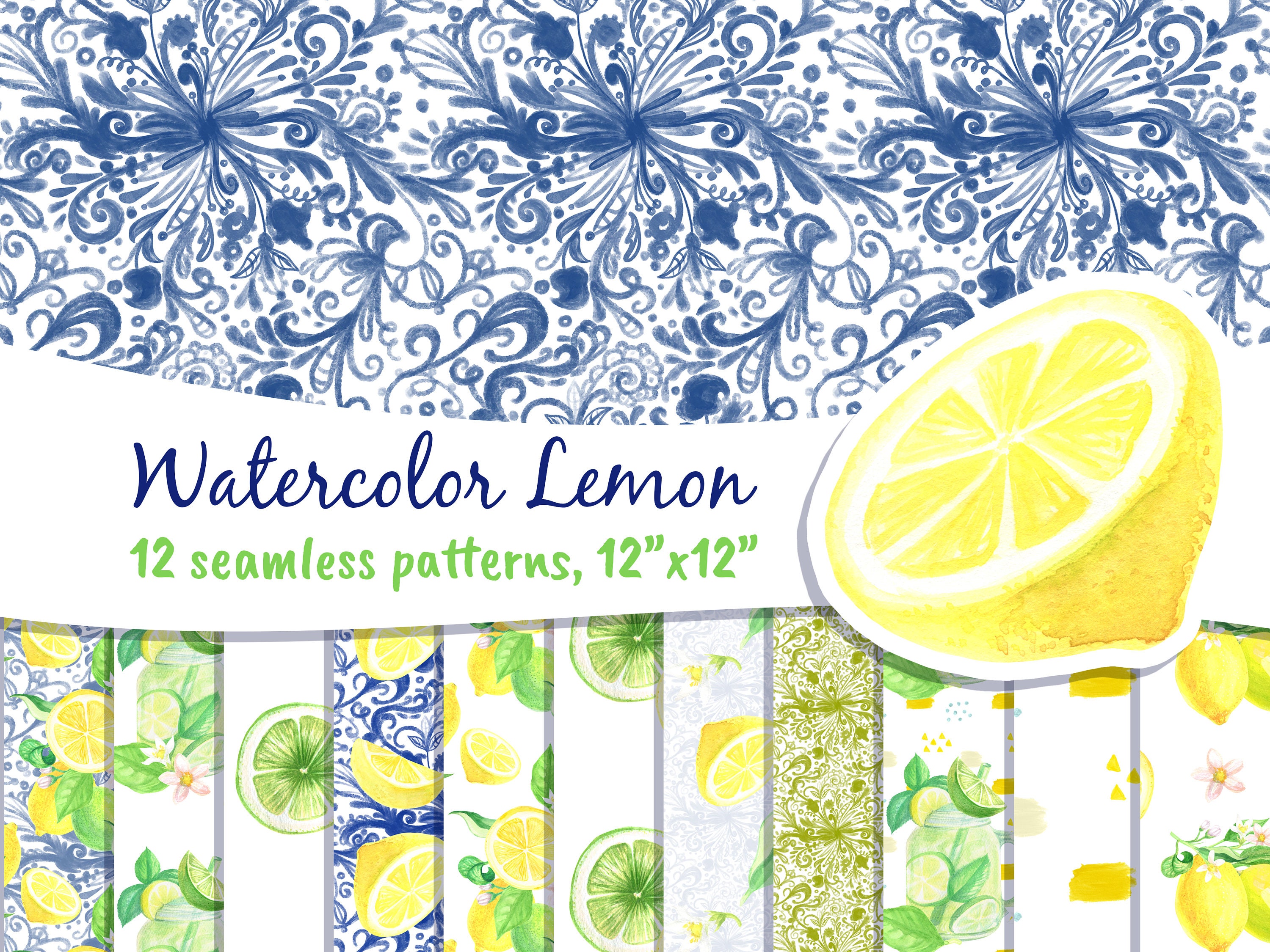 Digital Paper Lemon Art Seamless Pattern Fruit Slice Watercolor Citrus ...
