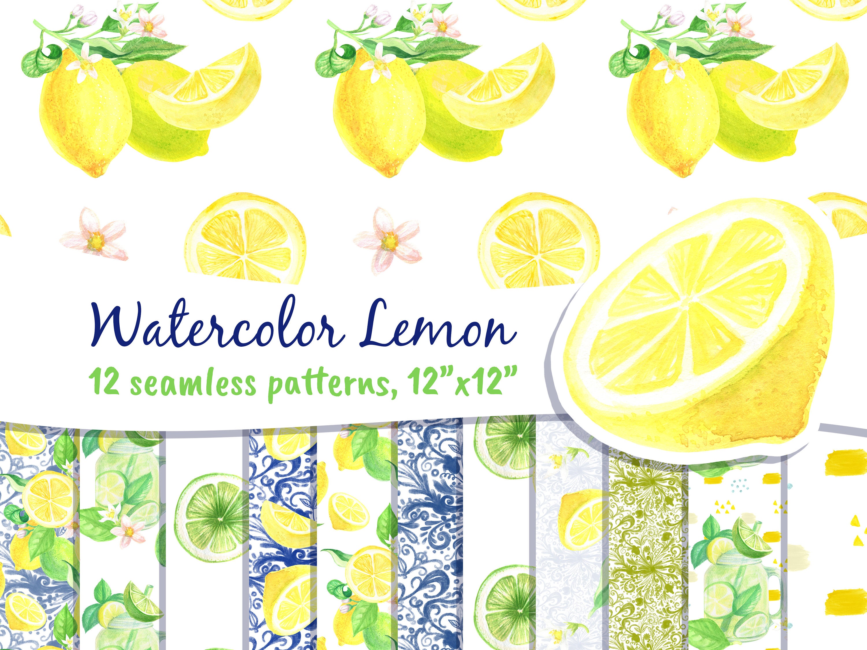 Digital Paper Lemon Art Seamless Pattern Fruit Slice Watercolor Citrus ...