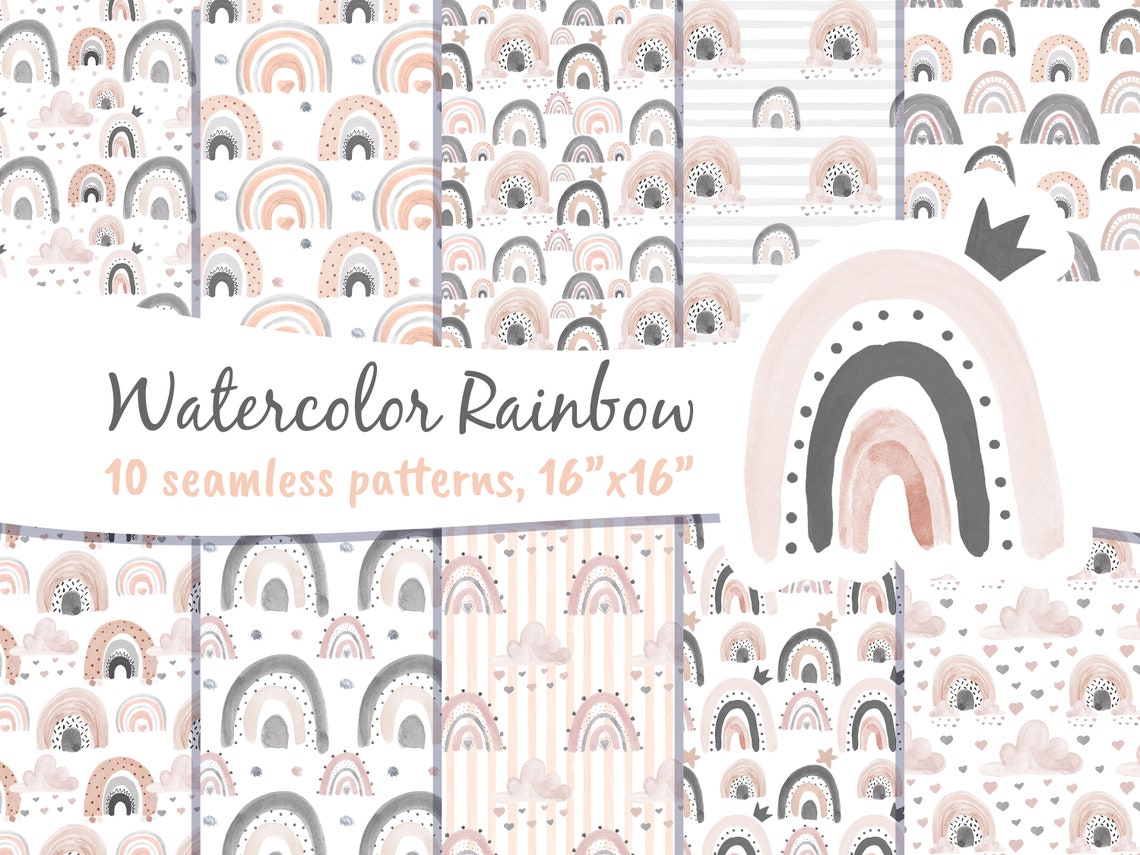Modern Rainbow Watercolor Boho Digital Paper Set Clipart Jpg - Etsy