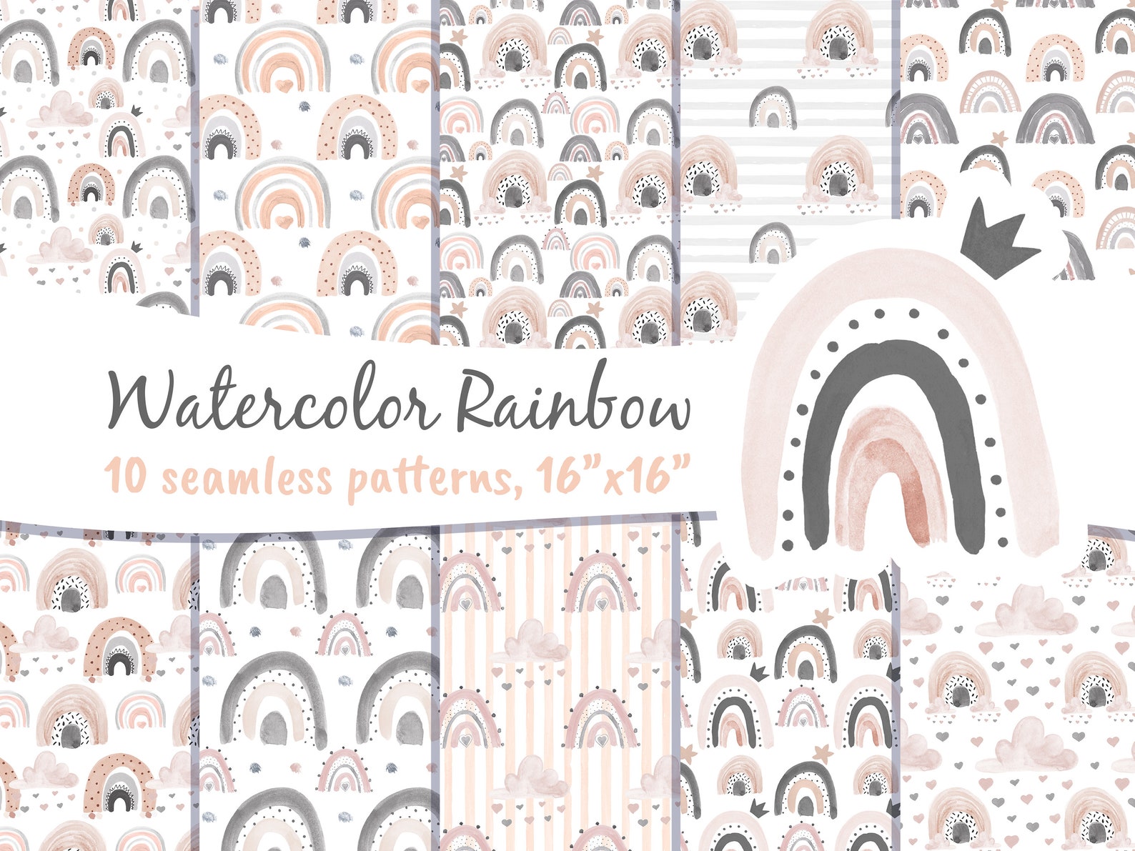 Modern Rainbow Watercolor Boho Digital Paper Set Clipart Jpg ...