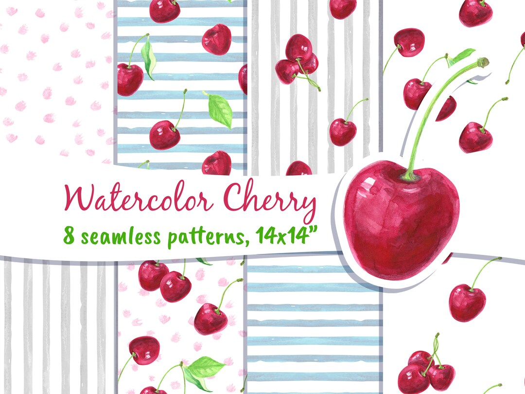 Cherry Digital Paper Watercolor Cherries Red Berries Fruits Summer ...