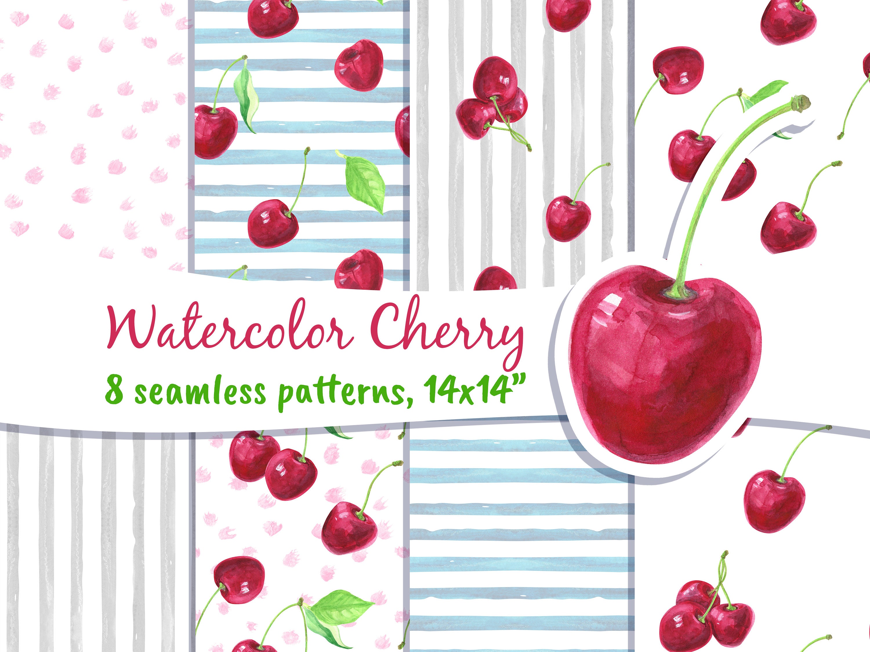 Cherry Digital Paper Watercolor Cherries Red Berries Fruits Summer ...