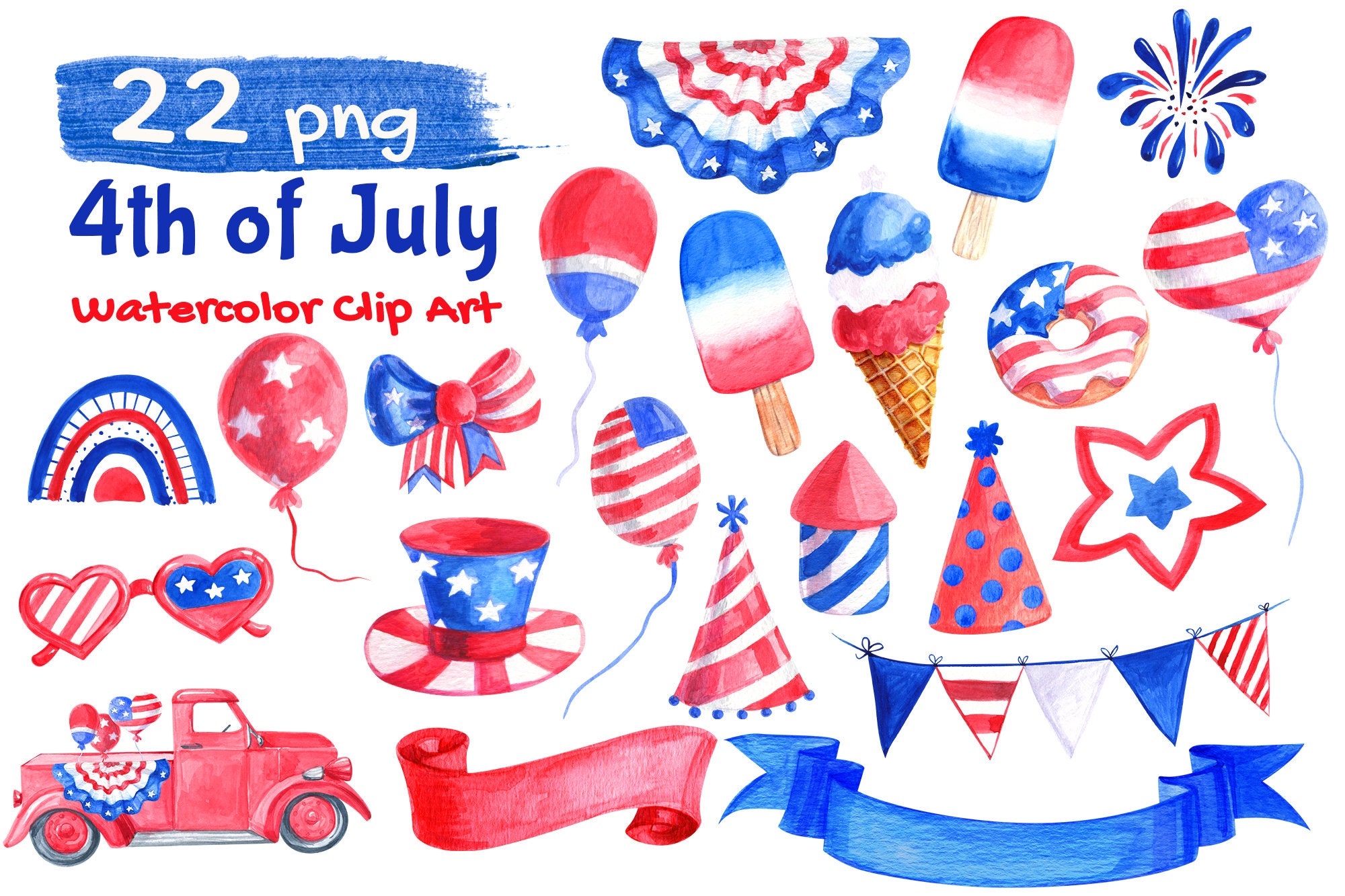 Watercolor Clipart, Handpainted 4th of July, Fourth of July ...