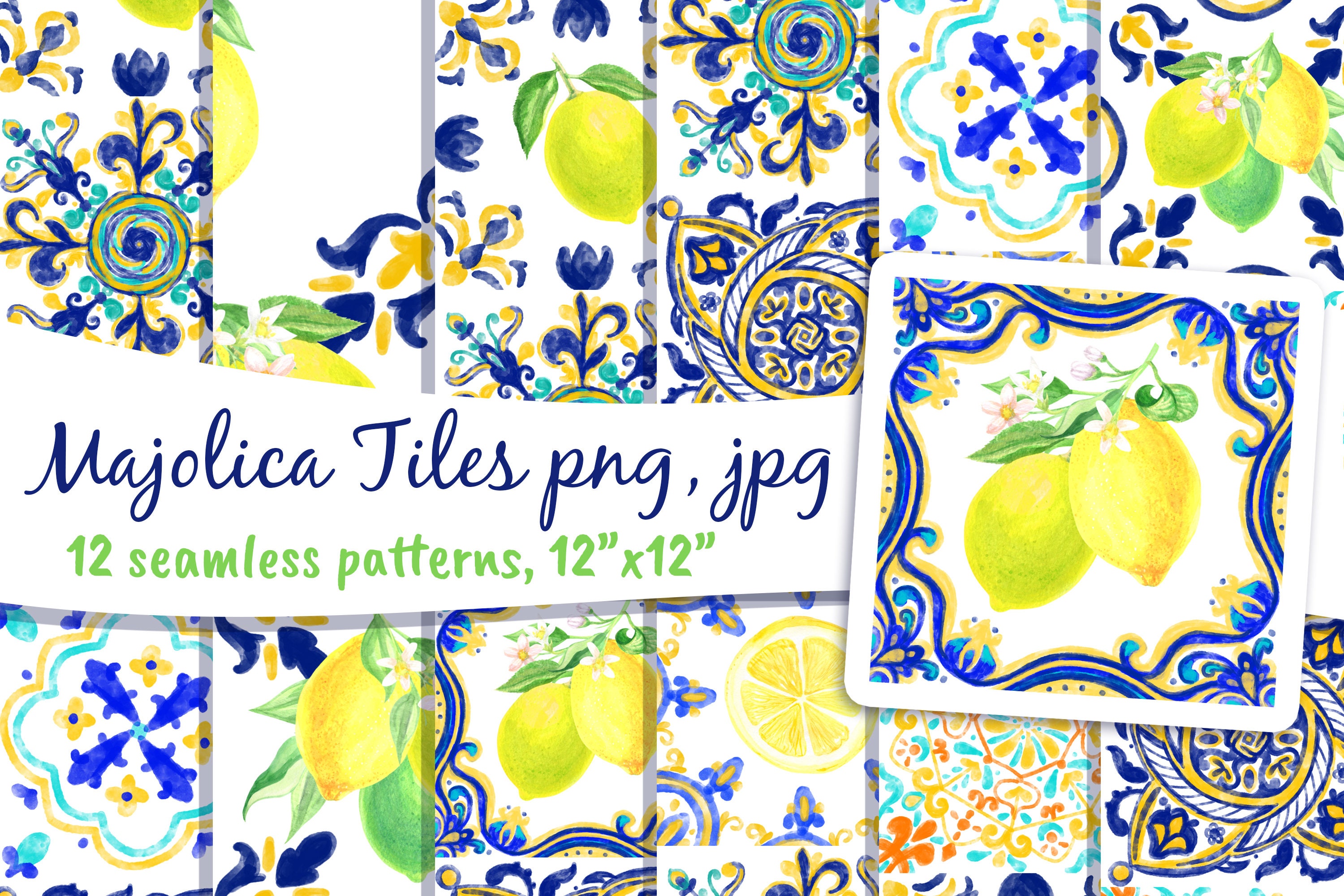 Majolica Tiles Positano Seamless Pattern Watercolor 12 by 12 Amalfi ...