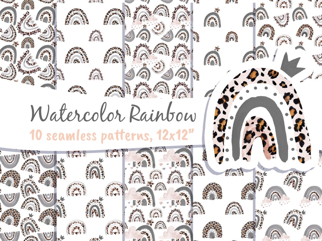 Boho Leopard Rainbow Digital Paper: Watercolor Safari Patterns (digital ...