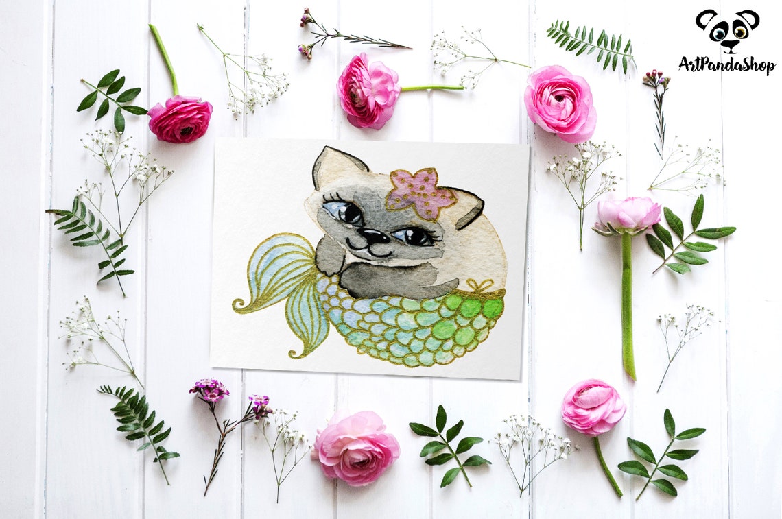 Cat Fish Cute Mermaid Cat Catfish Mercat Watercolor Cat Print | Etsy