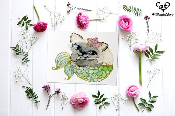 Cat Fish Cute Mermaid Cat Catfish Mercat Watercolor Cat Print | Etsy