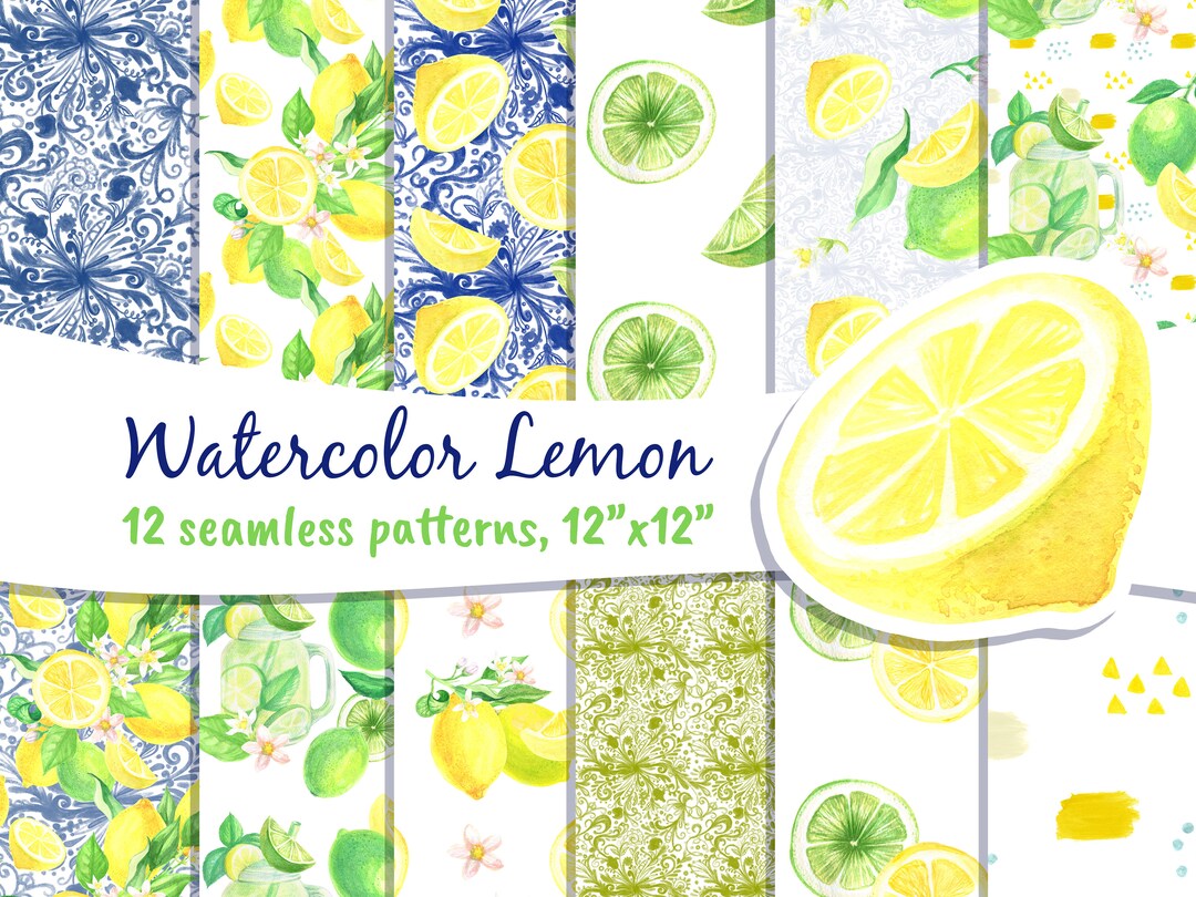 Digital Paper Lemon Art Seamless Pattern Fruit Slice Watercolor Citrus ...