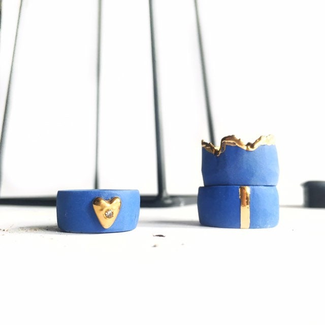 Blue Porcelain Ring With a Golden Heart - Etsy