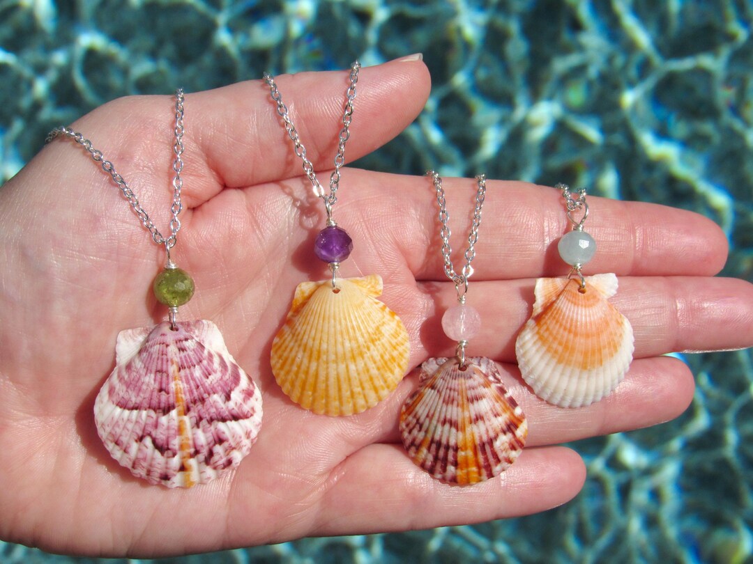 Florida Calico Scallop Shell and Real Gemstone Necklace Choose a One of ...