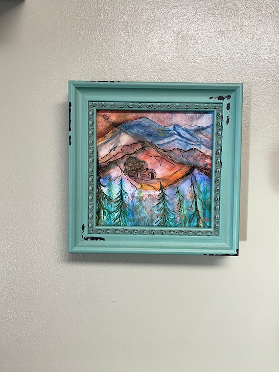 Mountain Cabin Original Alcohol Ink Landscape Art Wall | Etsy