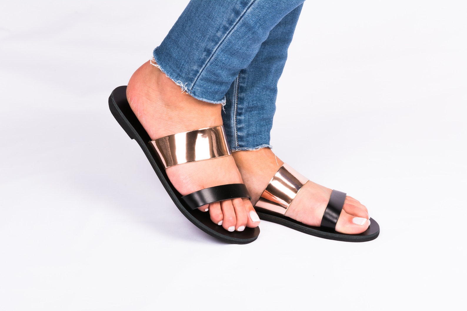 Black Leather Slides Greek Leather Sandals Women Metallic Rose | Etsy