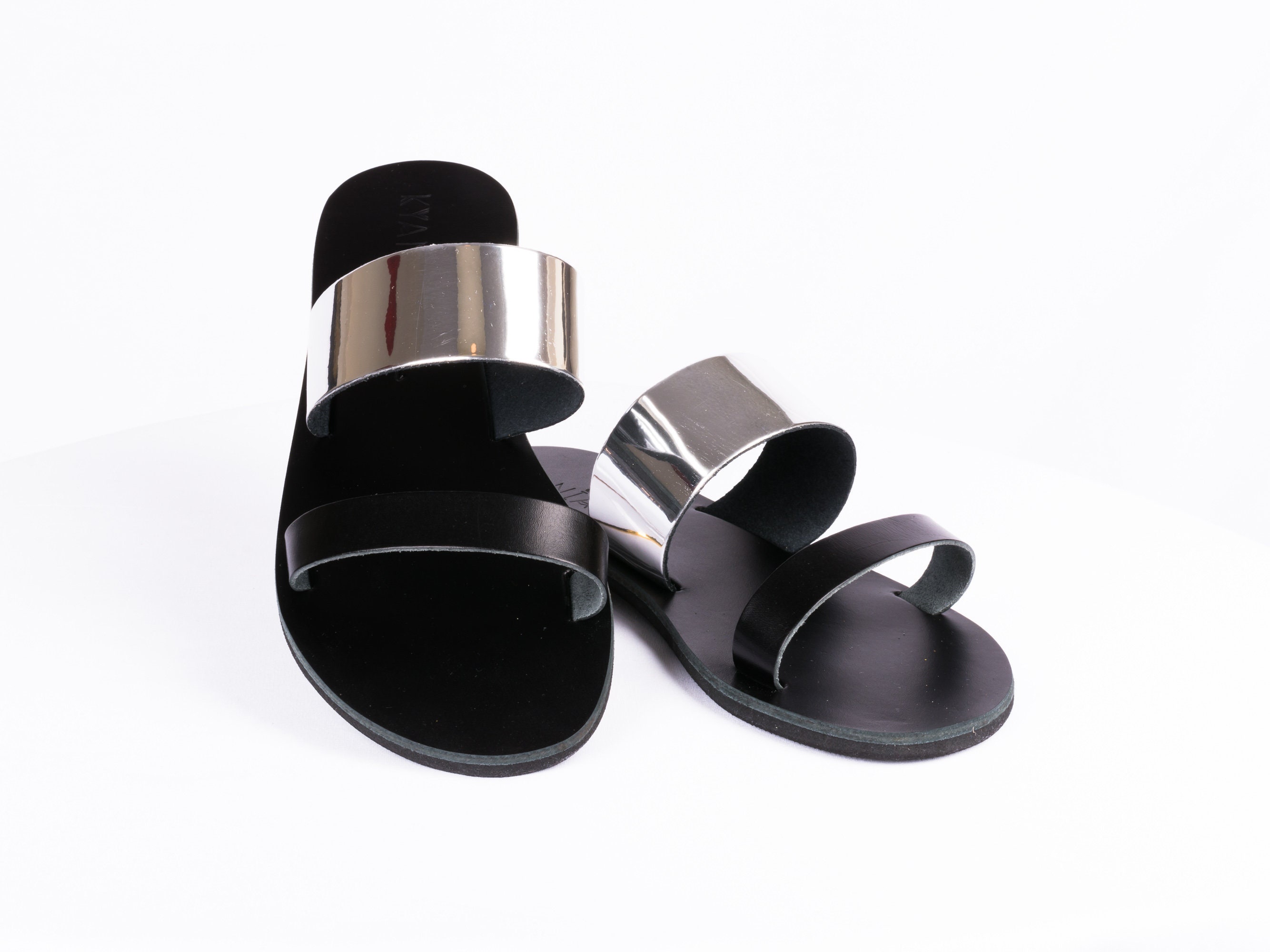 Black Leather Slides Greek Leather Sandals Women Metallic Rose | Etsy