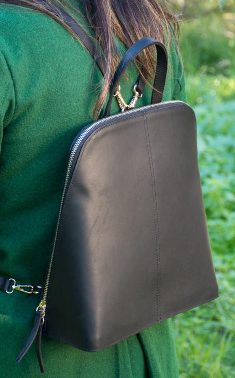 Women black leather backpack Rucksack laptop bag Triangle | Etsy