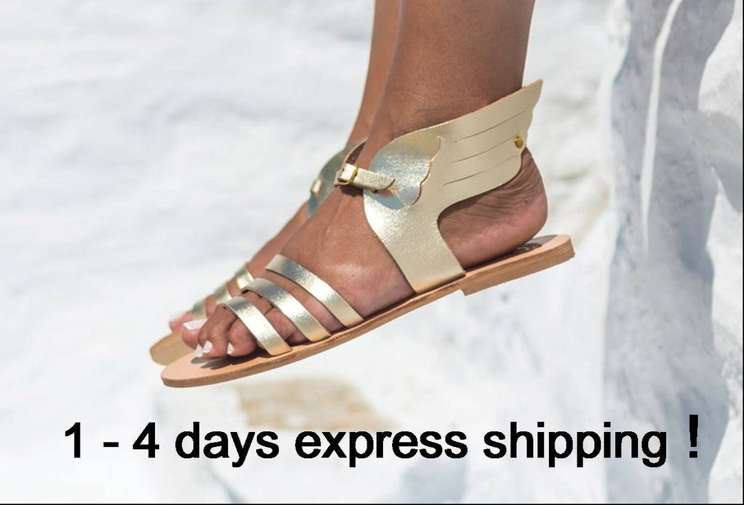 Winged Leather Sandals Greek Sandals Women Gold Flat Sandals - Etsy